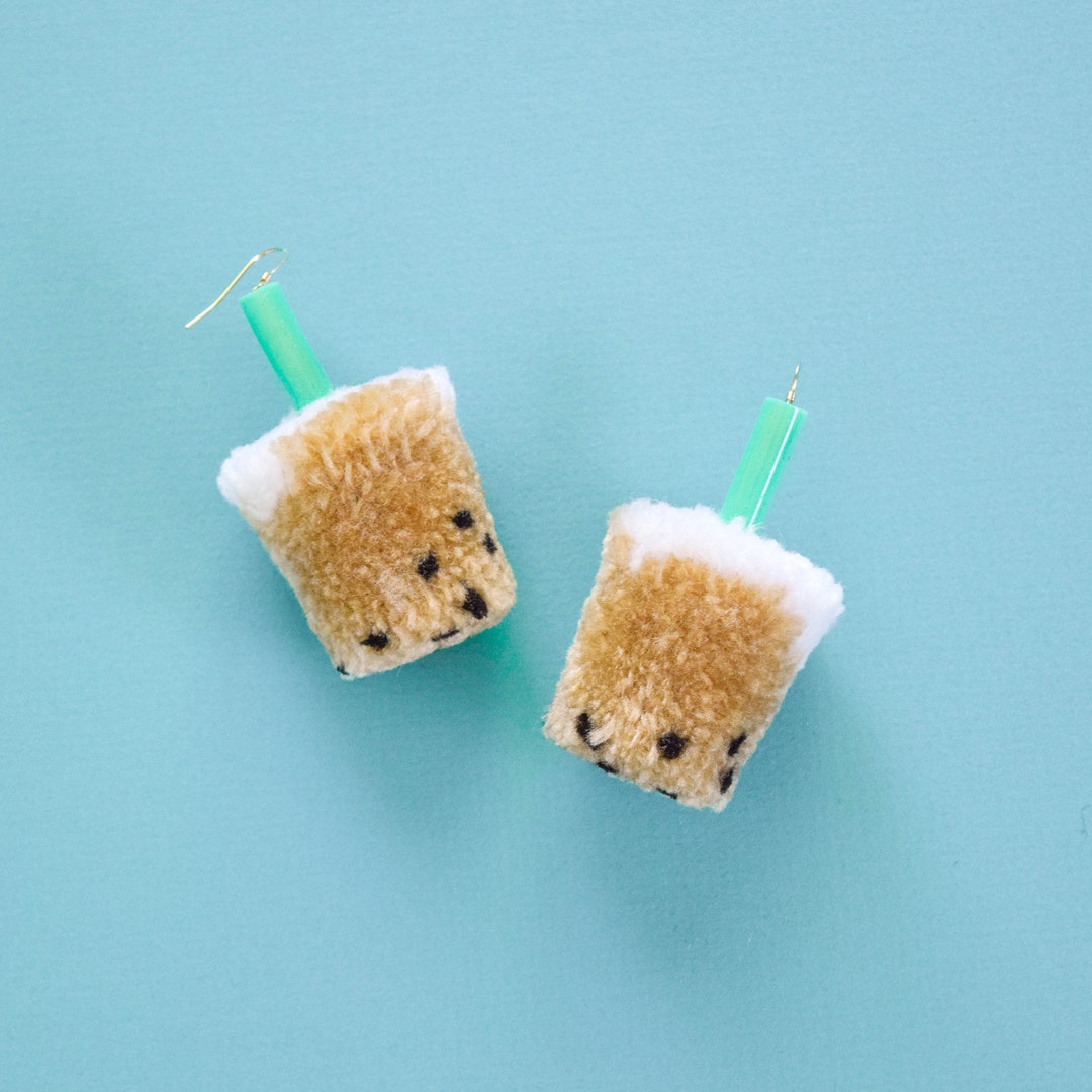 Boba Milk Tea Bubble Tea Pom Pom Earrings With Wintergreen Straws - Etsy