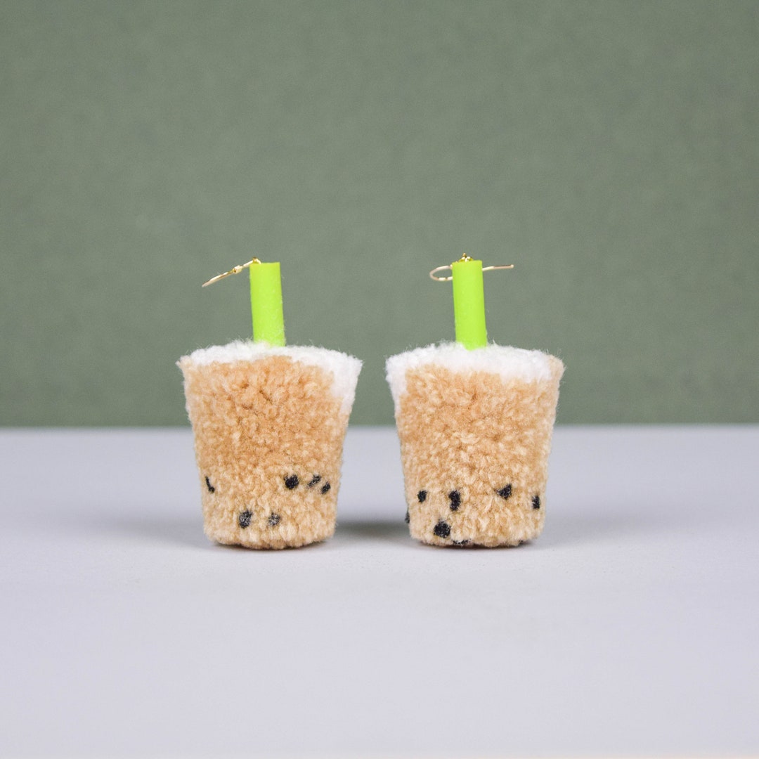 Boba Milk Tea Bubble Tea Pom Pom Earrings With Lime Green Straws - Etsy