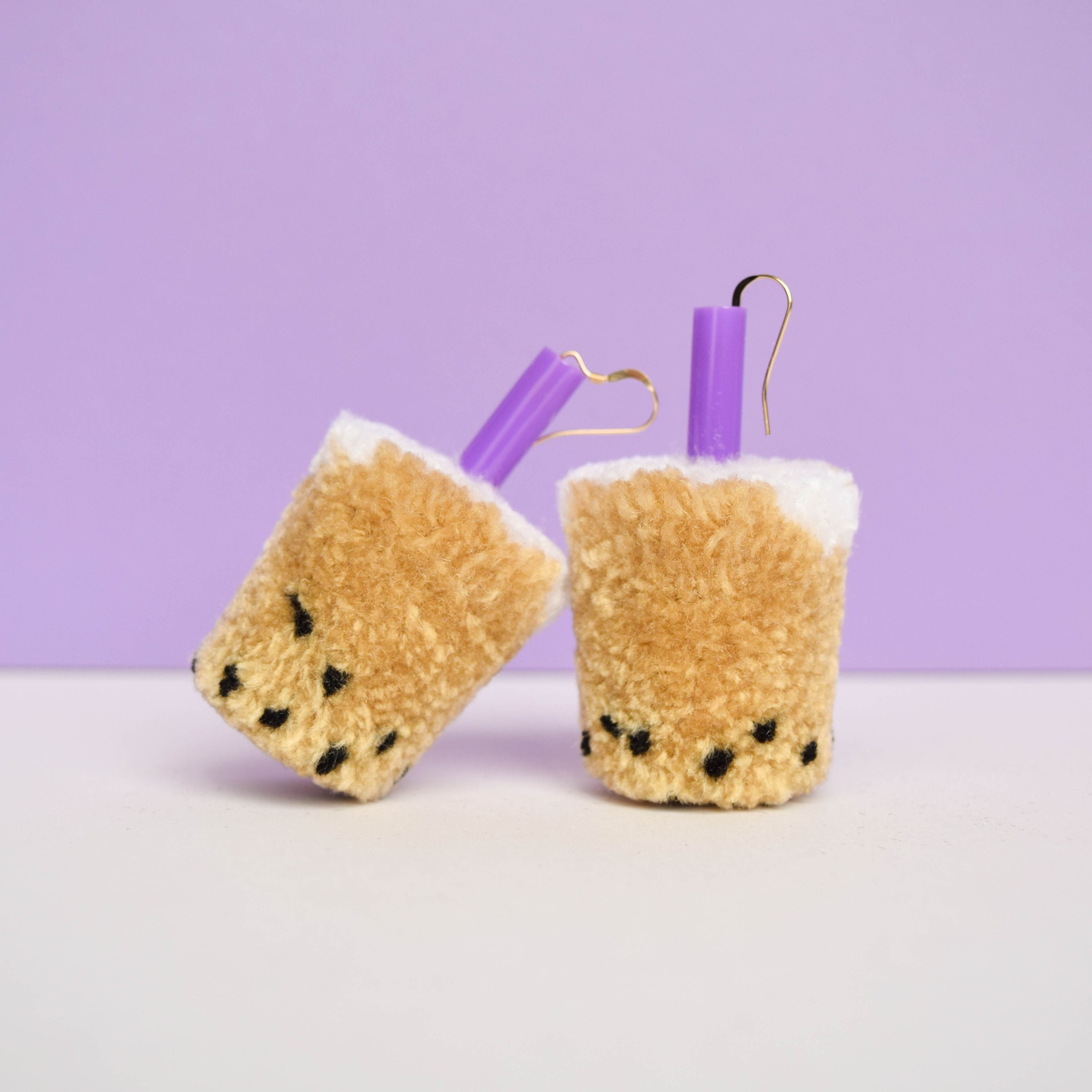 Boba Milk Tea Bubble Tea Pom Pom Earrings With Purple Straws - Etsy