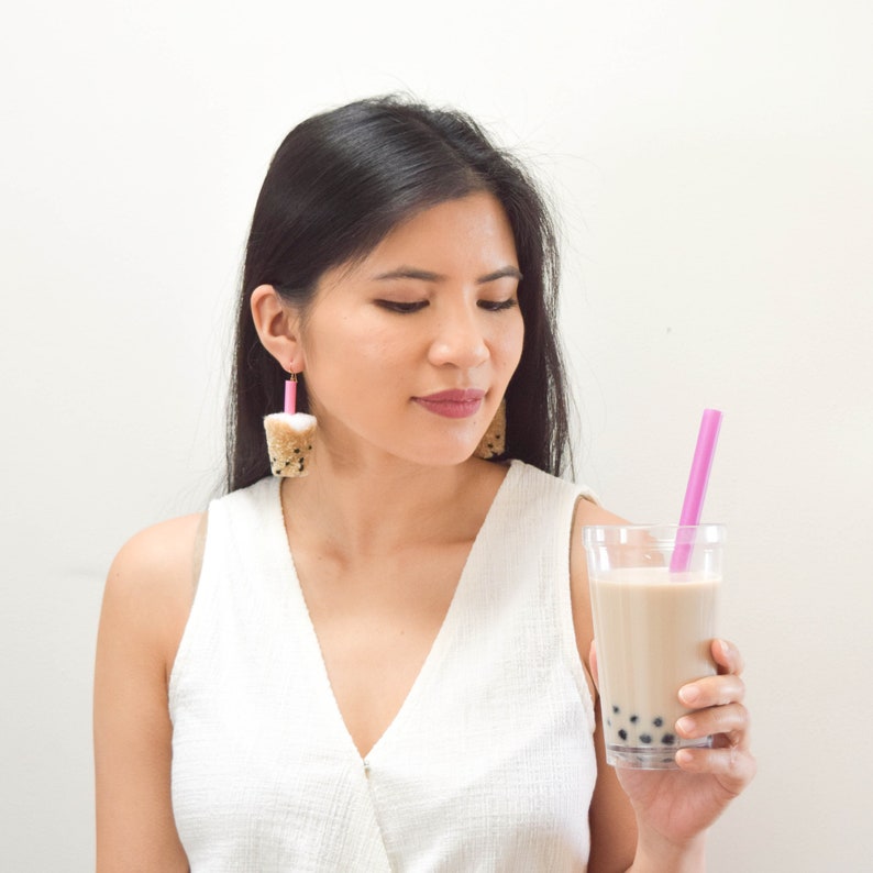 Boba Milk Tea Bubble Tea Pom Pom Earrings With Pink Straws - Etsy