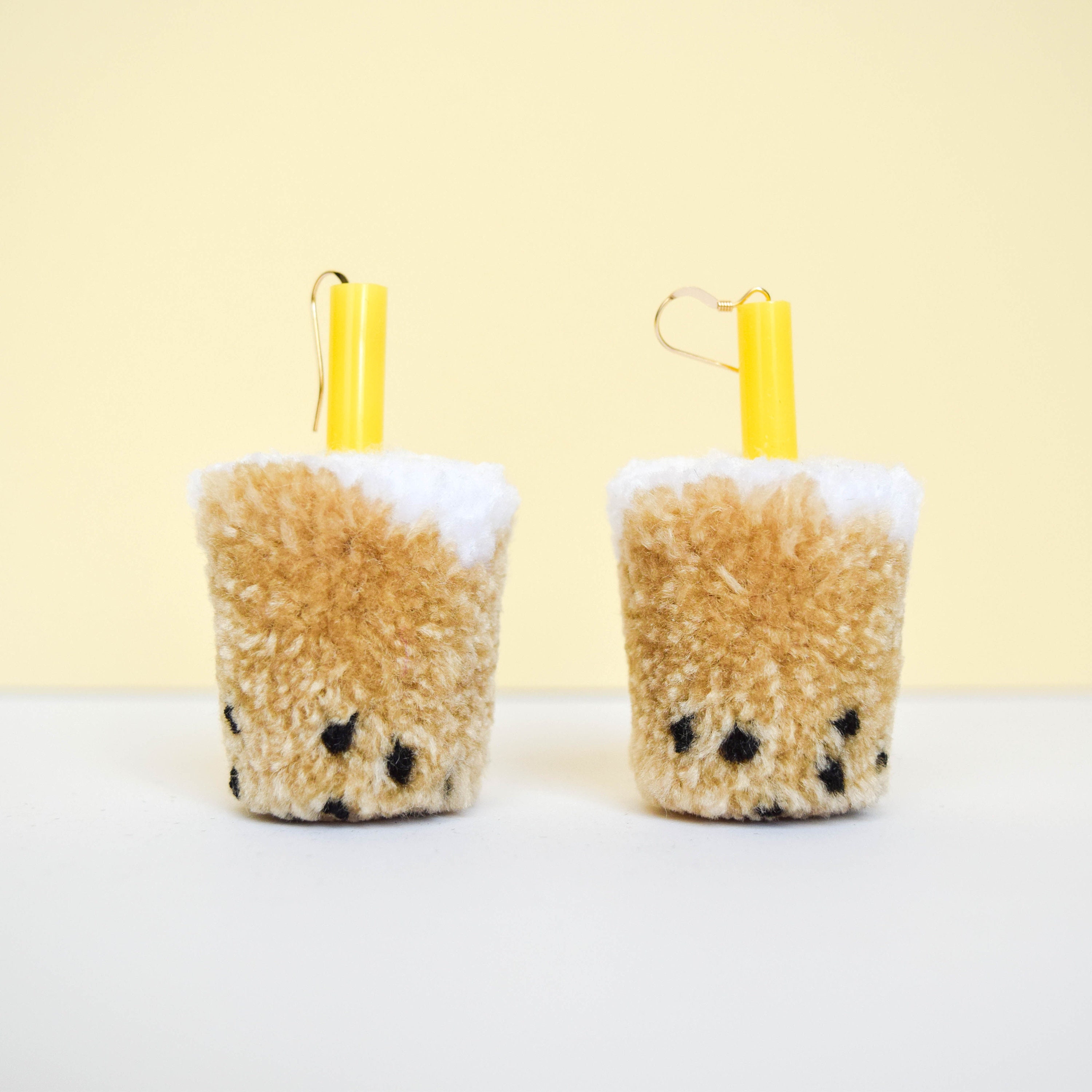 Boba Milk Tea Bubble Tea Pom Pom Earrings With Yellow Straws | Etsy