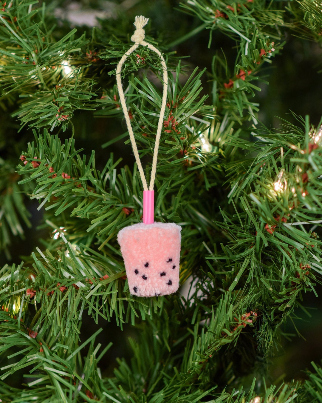 Strawberry Boba Tea Pom Pom Christmas Ornament - Etsy