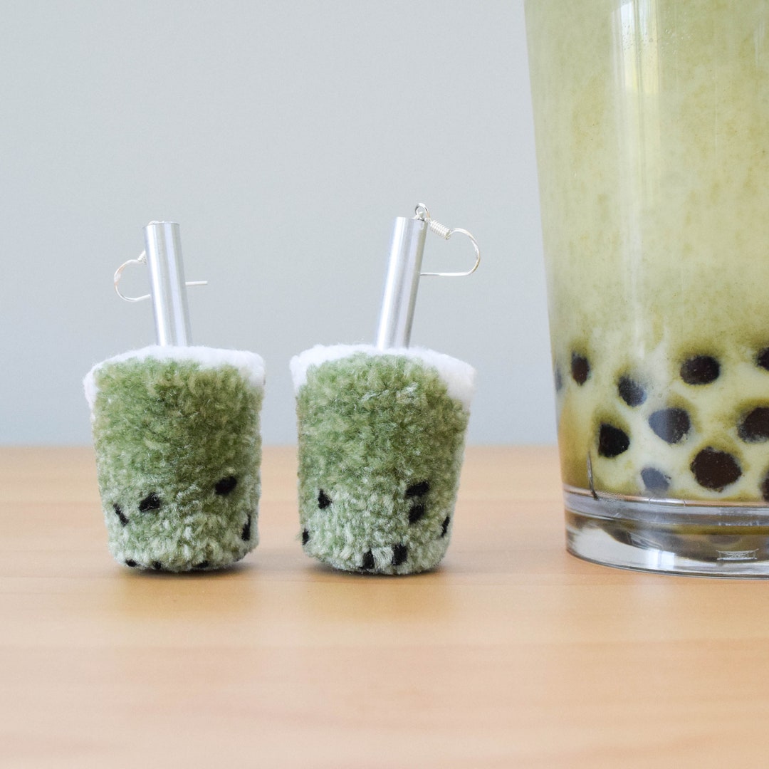 Matcha Bubble Tea Boba Pom Pom Earrings - Etsy