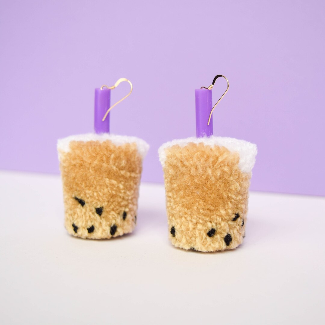 Boba Milk Tea Bubble Tea Pom Pom Earrings With Purple Straws - Etsy