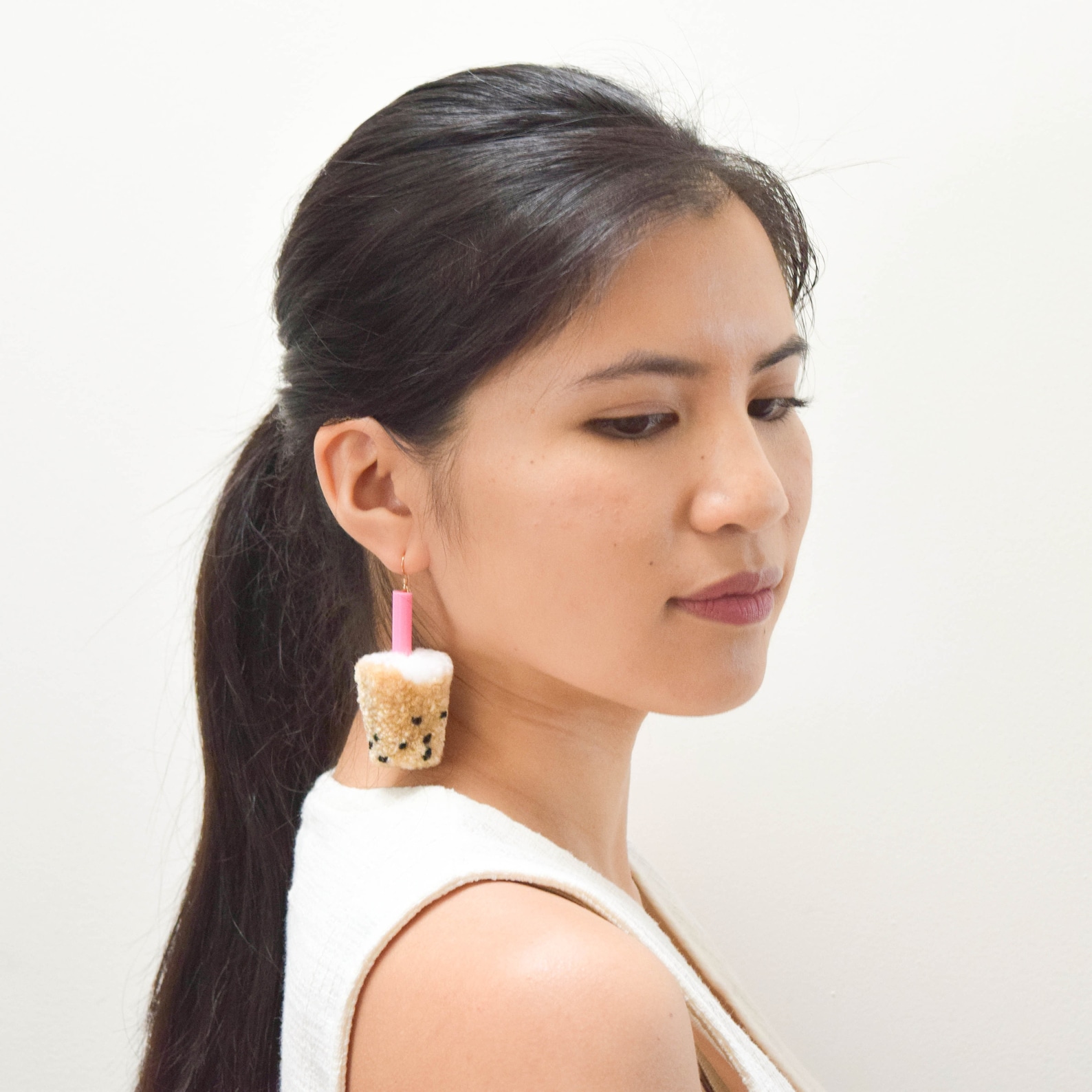 Boba Milk Tea Bubble Tea Pom Pom Earrings With Pink Straws | Etsy