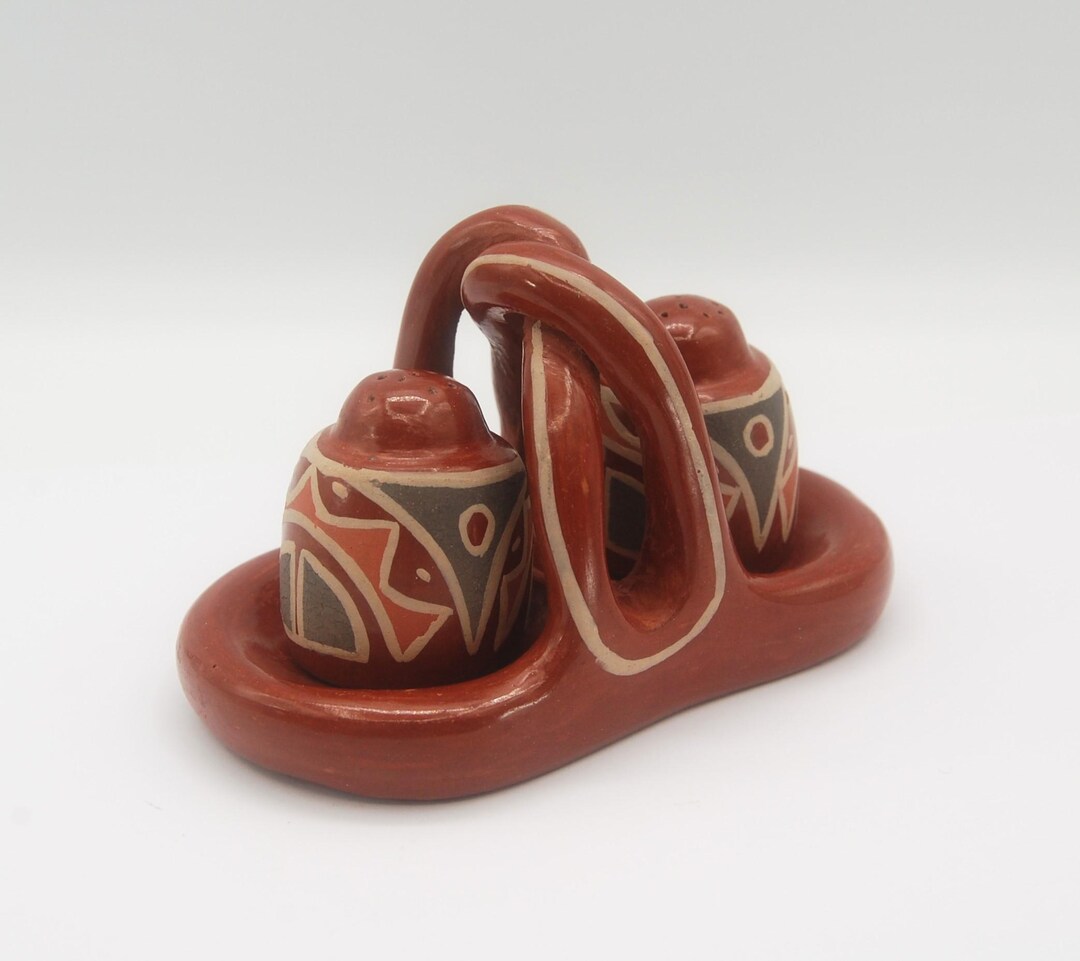 Santa Clara Redware Salt Pepper Set Carrier Caddy Crescencia Tafoya 4.5 ...