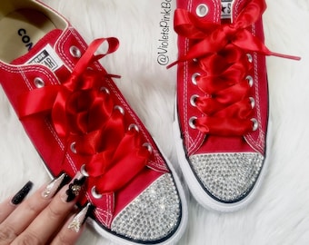 Reddish and Black Blinged High-top Converse W/black and Red Close Chain ...