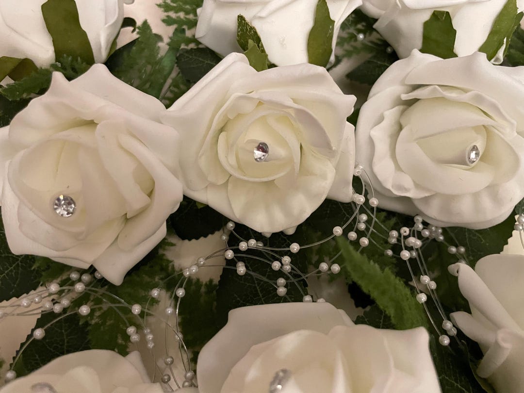 30 Wedding Ivory Foam Buttonhole Flowers With Diamanté Centre and Pearl ...