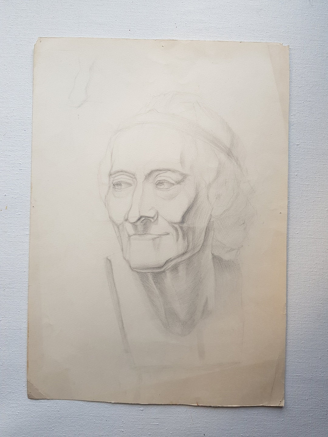 Vintage Graphite Pencil Drawing Plaster Head Voltaire, Antique Statue ...