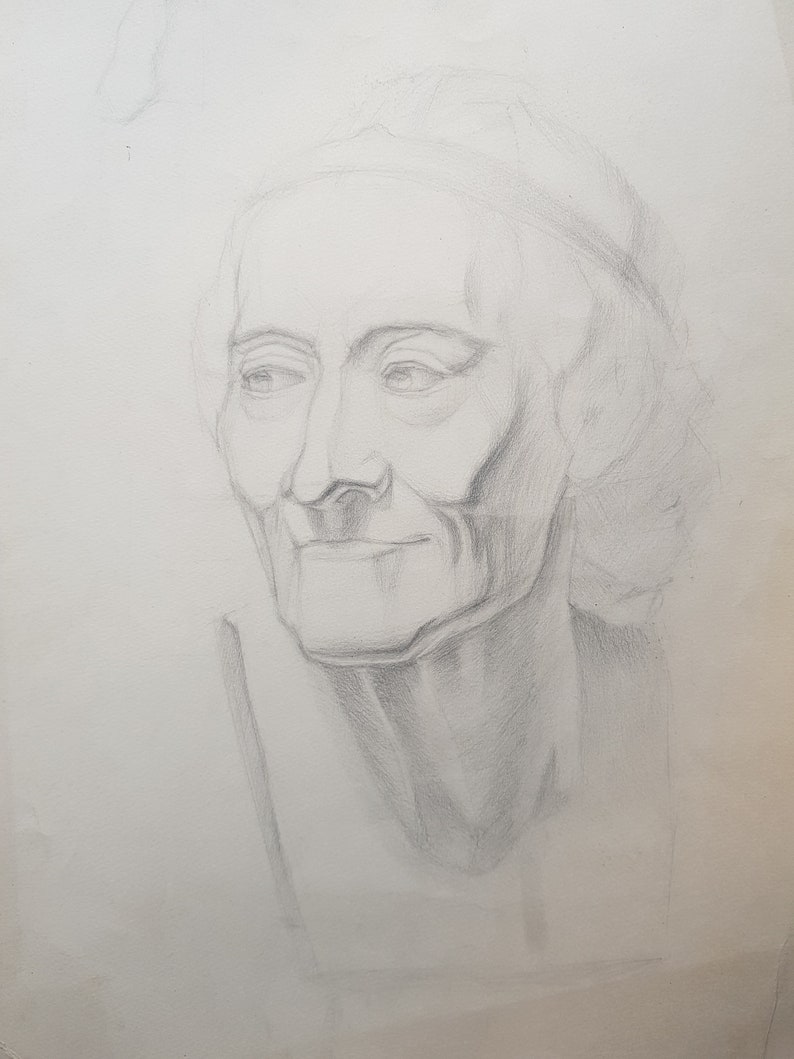 Vintage graphite pencil drawing plaster head Voltaire antique | Etsy
