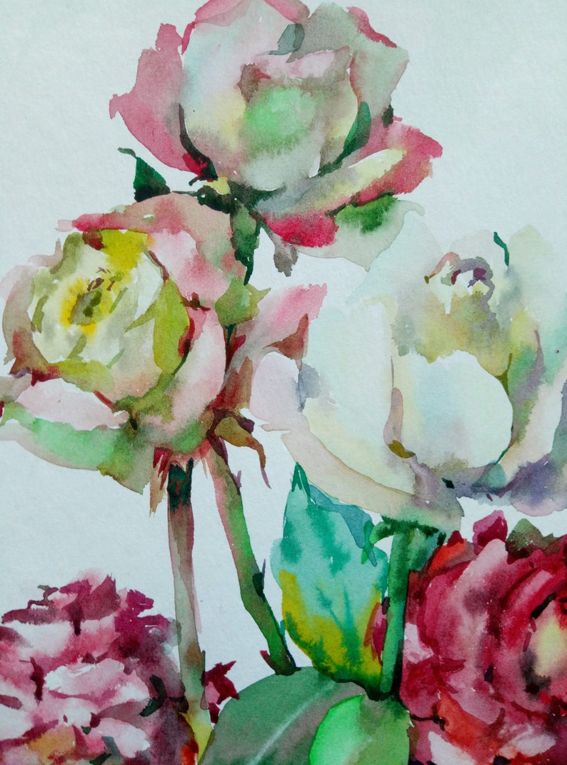 Floral Fine Art Watercolor Painting Roses white and red rose | Etsy