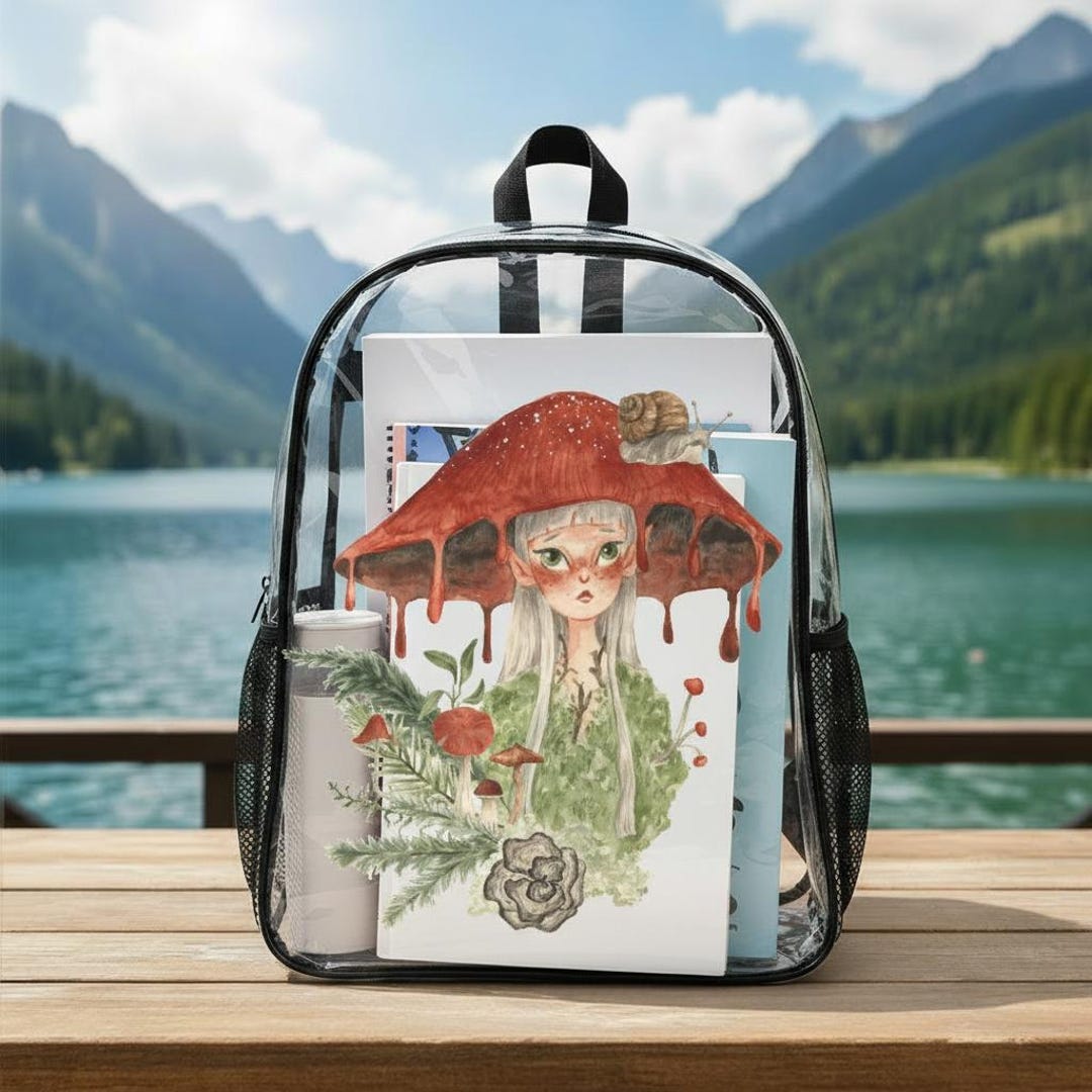 Fairycore Clear PVC Backpack, Mushroom Forest Daypack, Mesh Side ...