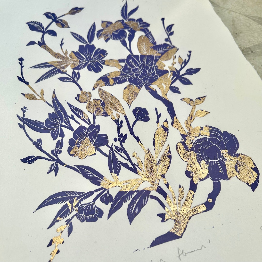 Oriental Flowers Original Lino Cut Print, Purple Ink With Gold Leaf - Etsy