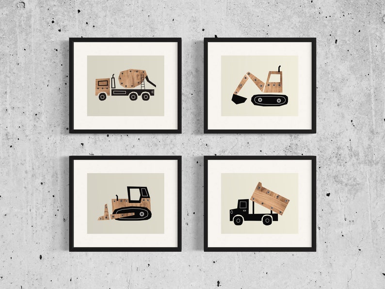 Construction Truck Art Prints - Printable Set of 4, Excavator, Concrete ...