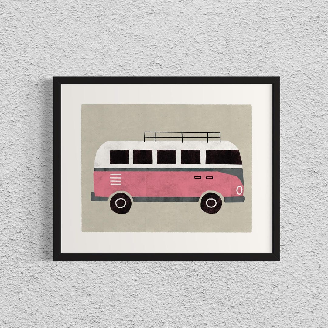 VW Bus Art, Pink Retro Bus Printable, Transportation Wall Decor ...