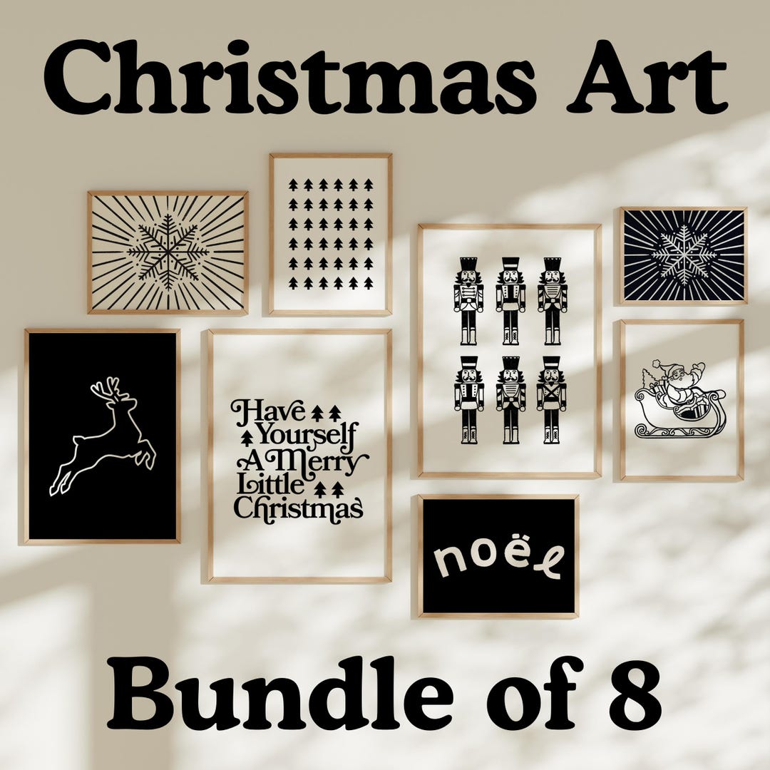 Christmas Art Bundle Set of 8, Black and White Holiday Art, Christmas ...
