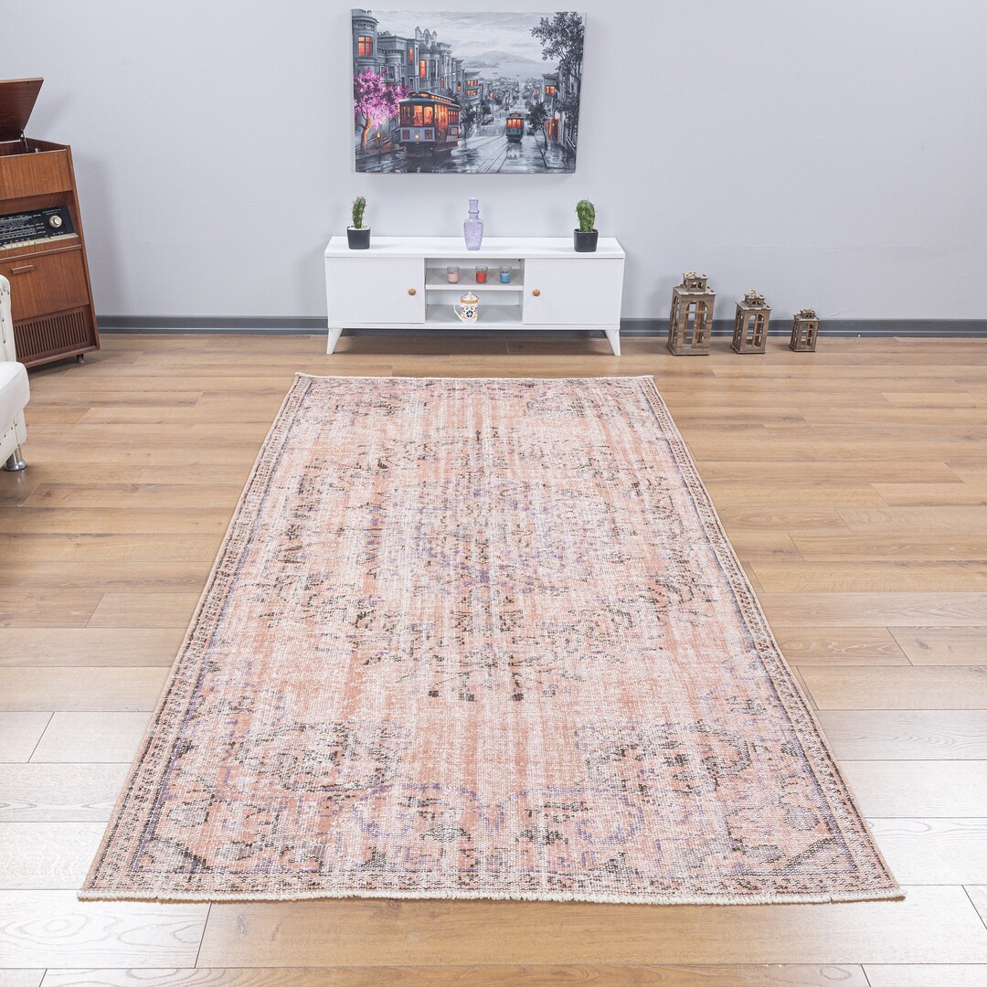 5x8 Powder Pink Rug, Neutral Area Rug, Turkish Vintage Wool Rug, Oushak ...