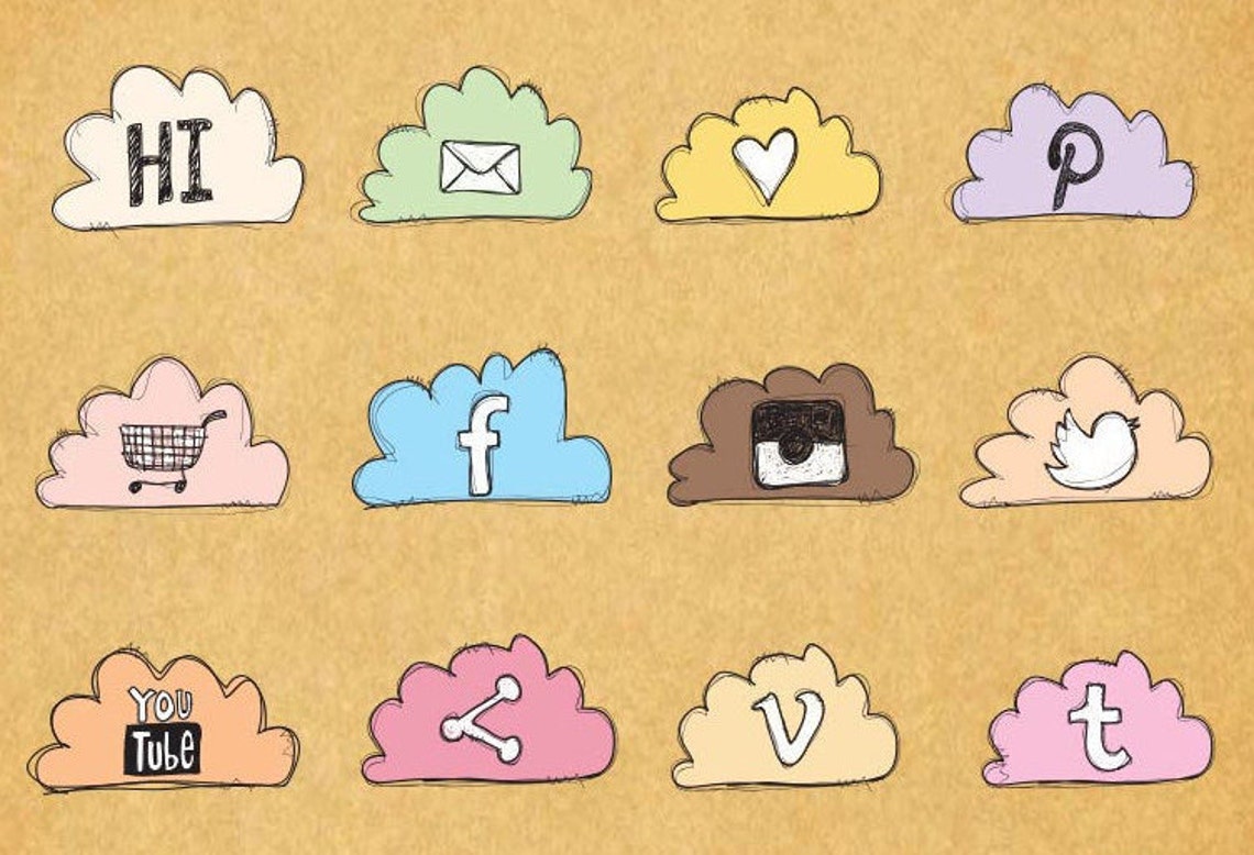 Social Media Icons, Hand Drawn Pastel Web Icons, Blog Icons, 3 Sizes ...