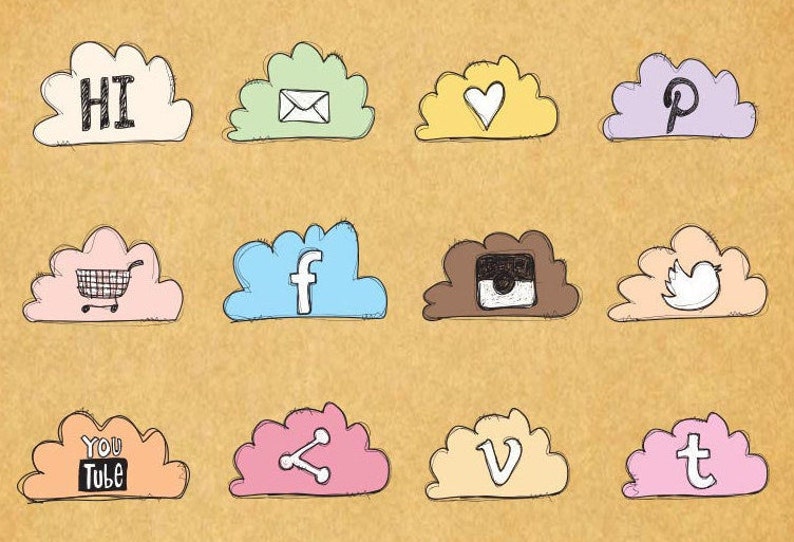 Social Media Icons, Hand Drawn Pastel Web Icons, Blog Icons, 3 Sizes ...