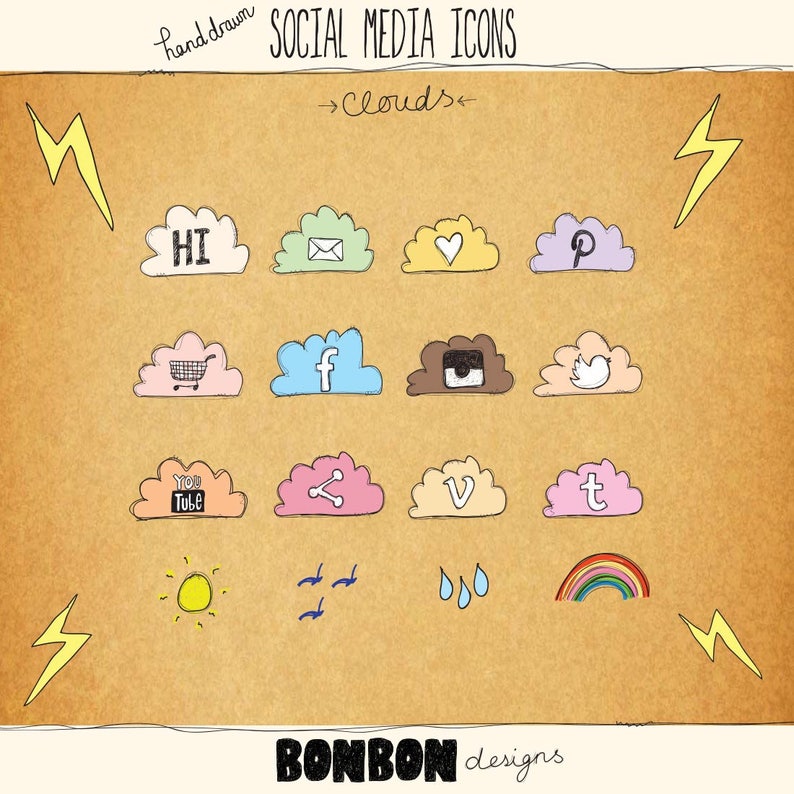 Social Media Icons, Hand Drawn Pastel Web Icons, Blog Icons, 3 Sizes ...