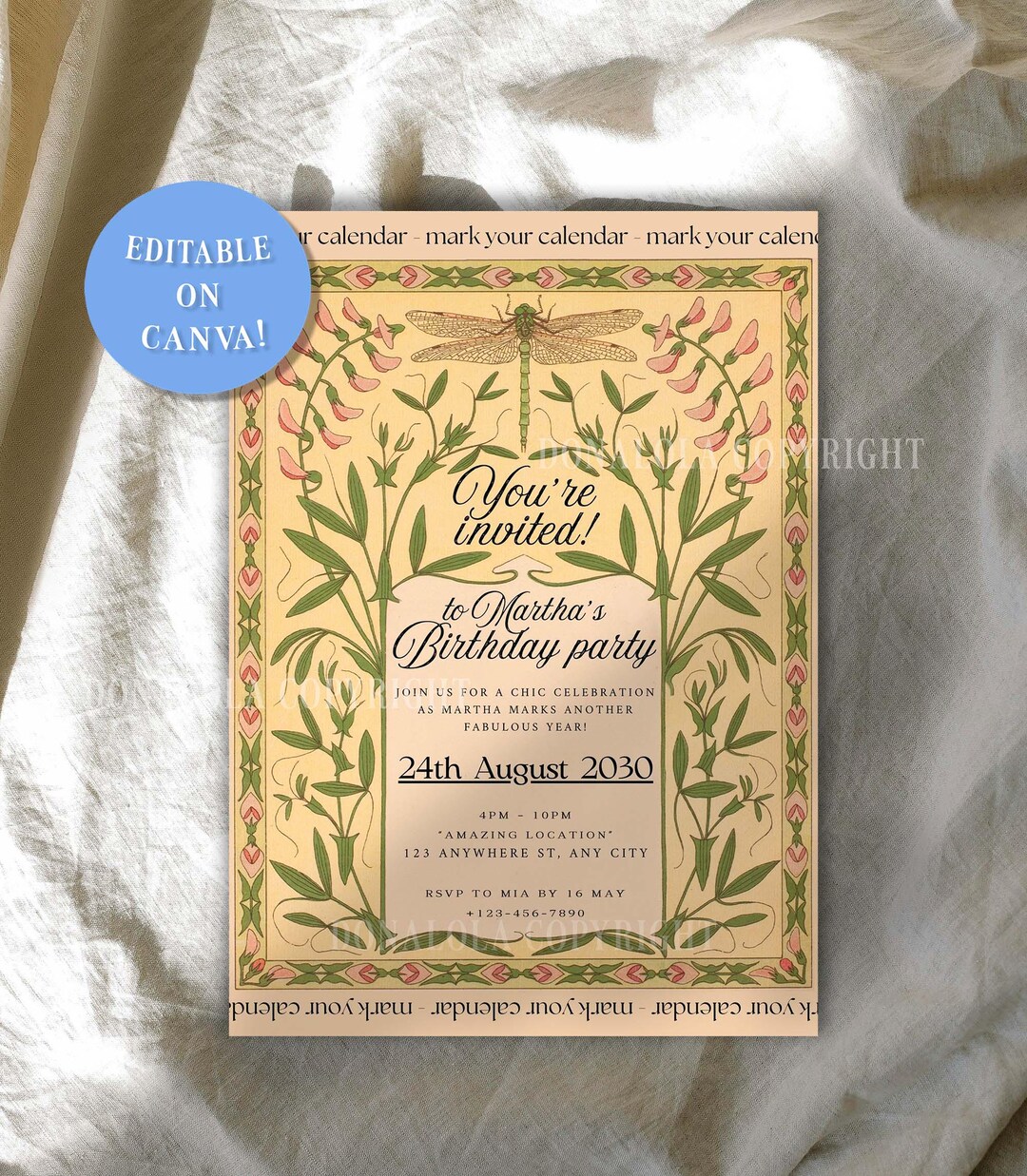 Editable Vintage Pretty Birthday Invitation Card Art Nouveau Style ...