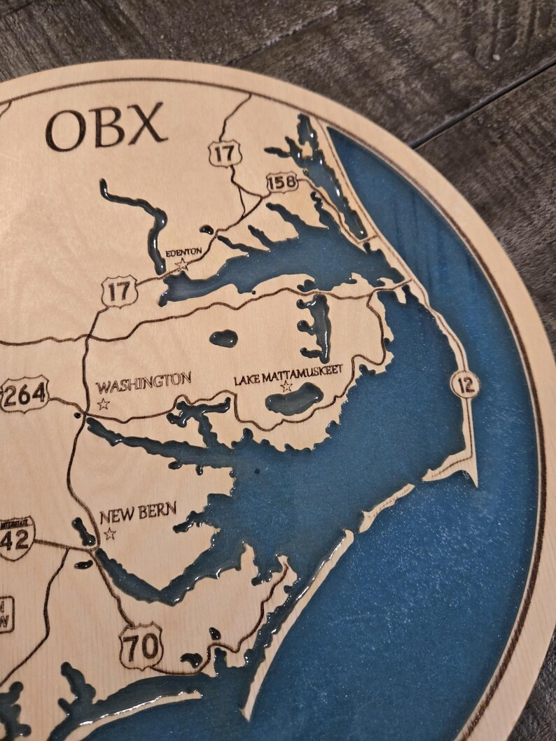 Outer Banks North Carolina Map Wood Epoxy Resin Wall Art Eastern NC ...