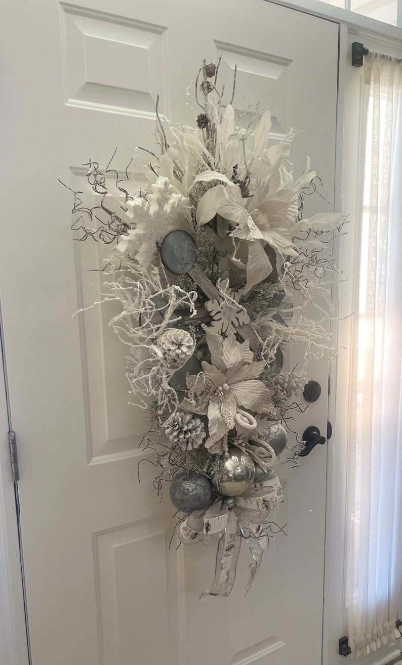 Extra Large White Winter Swag Wreath, Elegant Winter Teardrop Swag ...