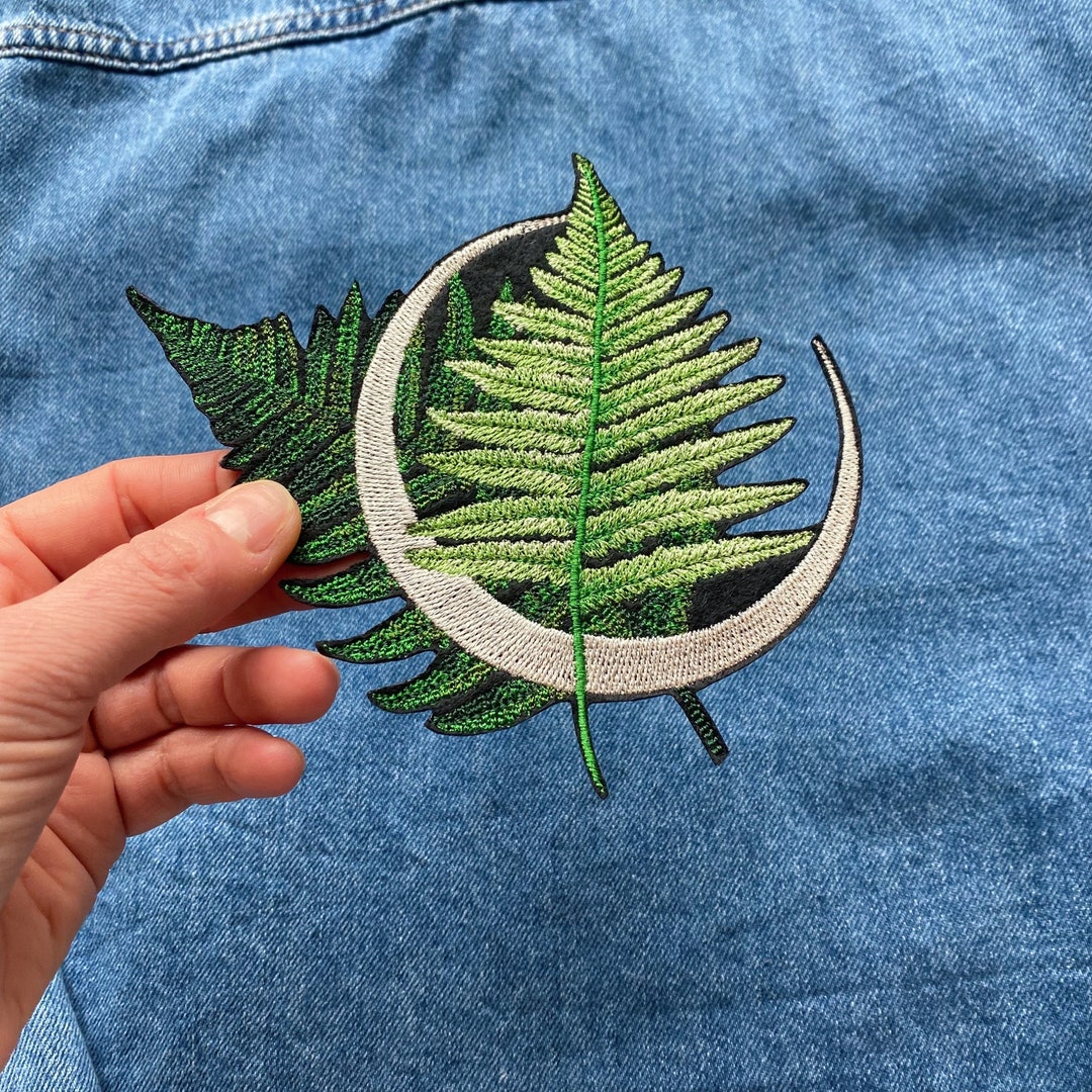 Embroidered Iron on Fern Leaf and Crescent Moon Patch, Maidenhair ...