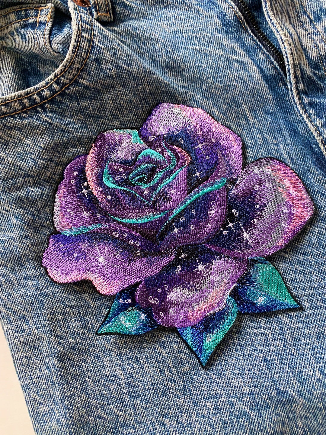 Night Sky Rose Iron on Patch, Fancy Flower Jacket Badge, Galaxy Flower ...