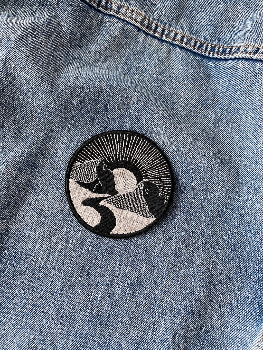 Nature Landscape Patch, Night Sky Mountain Hiking Patch, Black White ...