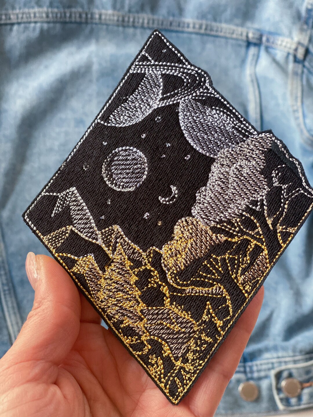 Starry Night Sky Iron on Patch, Geometric Patch, From Earth to Space Badge, Nature Scene Badge ...