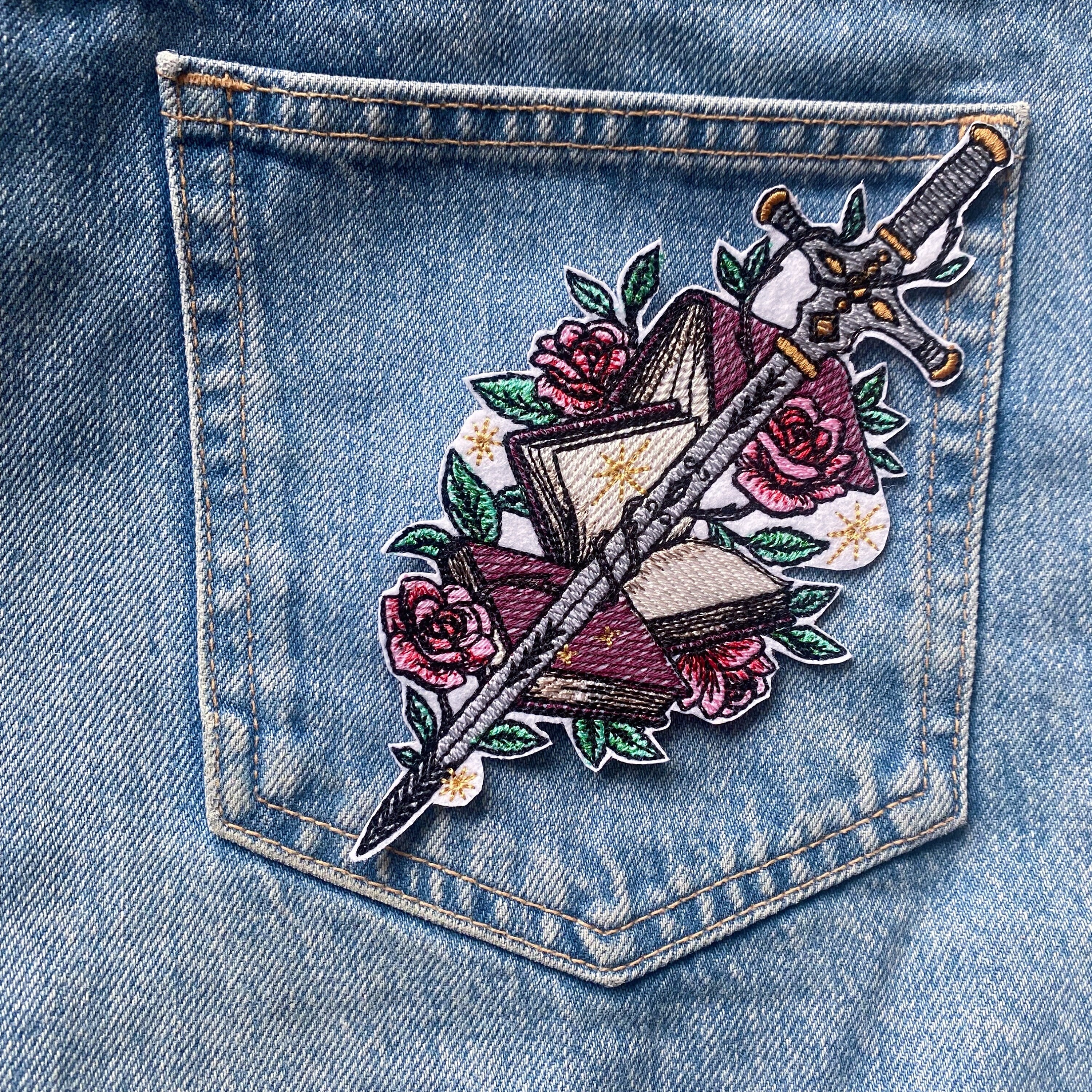 Floral Book & Sword Iron on Patch: Embroidered Applique - Etsy