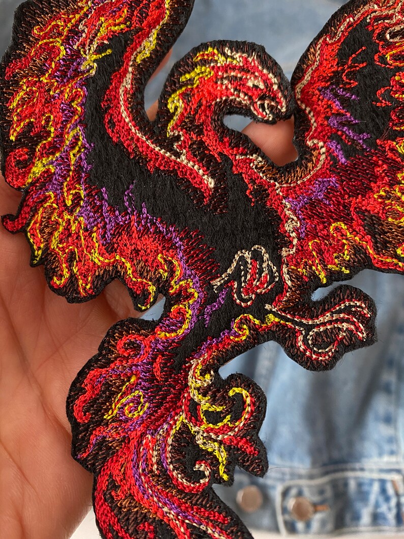 Embroidered Phoenix Iron on Patch: Red Gold Fire Bird Motif - Etsy
