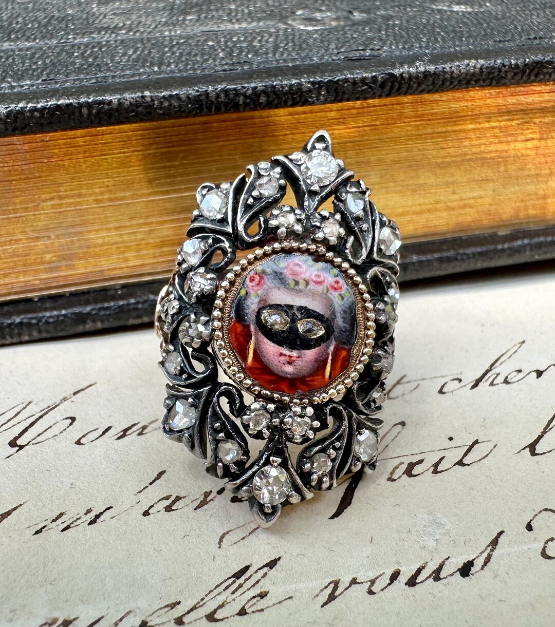 Antique Masquerade Ring. Gold Rose Cut Diamonds Enamel Masked Lady ...