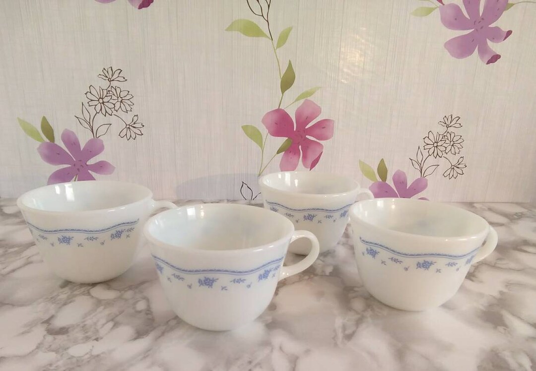 Vintage Pyrex Morning Blue Flower Mugs/large Pyrex Blue on White Pyrex ...