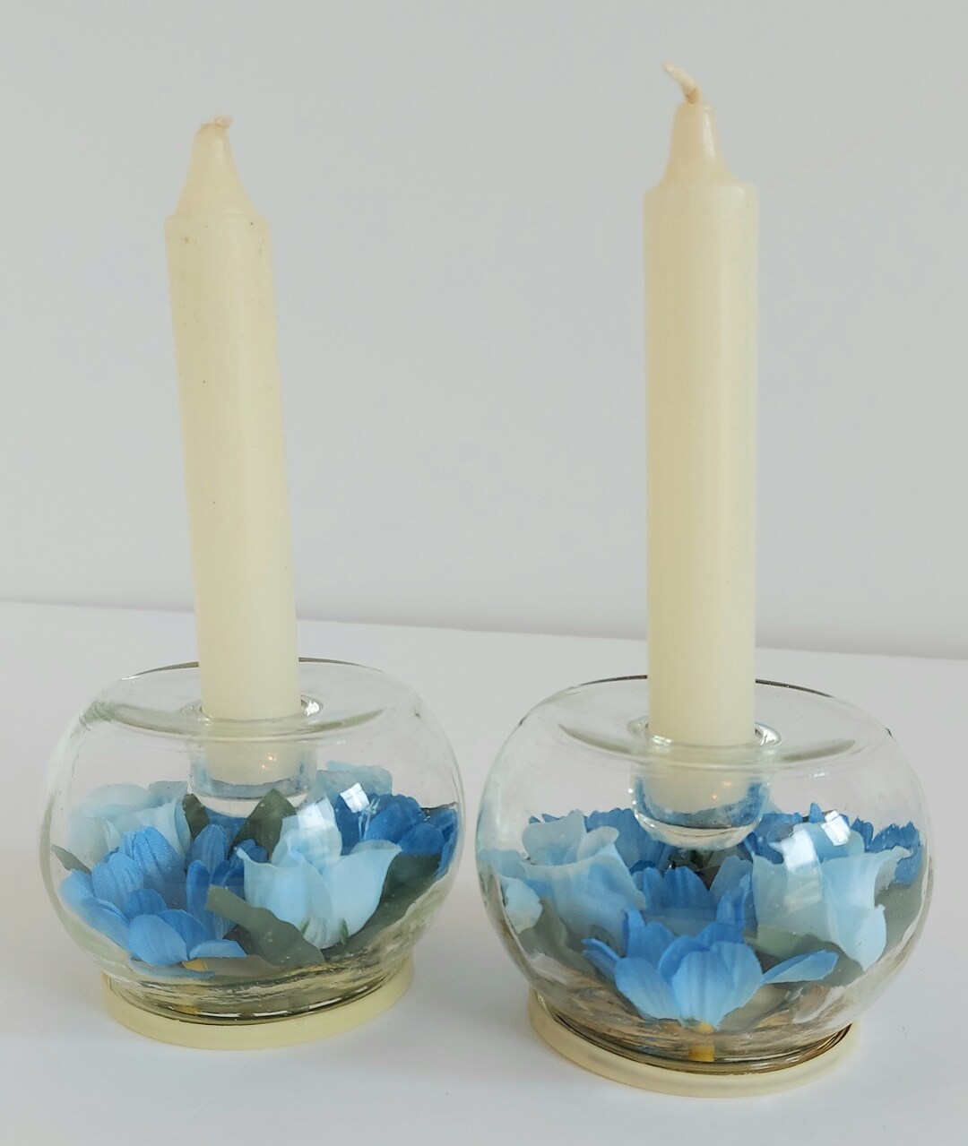 Vintage Glass Candle Holder With Enclosed Faux Flowers/1960's Glass ...