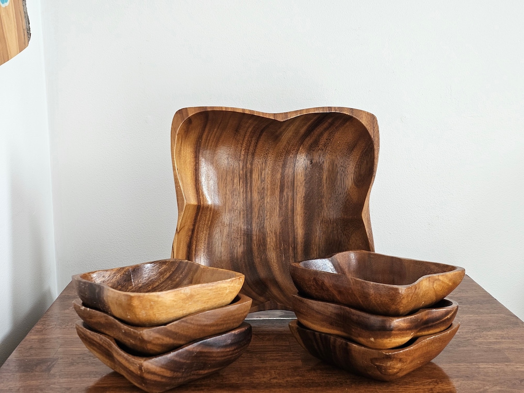 Vintage Solid Wood Salad Bowl Set, 7 Piece Handcarved Wood Bowl Set - Etsy