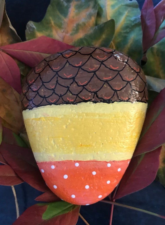Candy Corn Acorn Painted Rock Fall and Home Decor Painting | Etsy