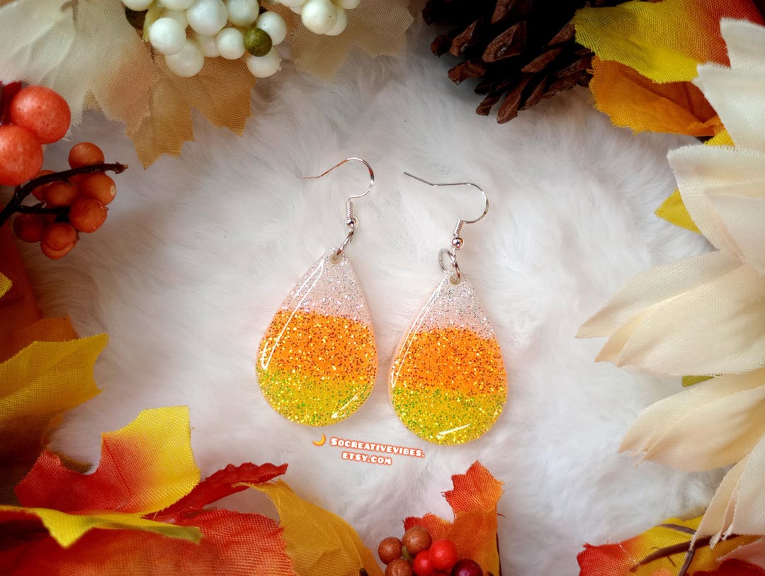 Candy Corn Glitter Teardrop Resin Earrings, Halloween Earrings, Fall ...