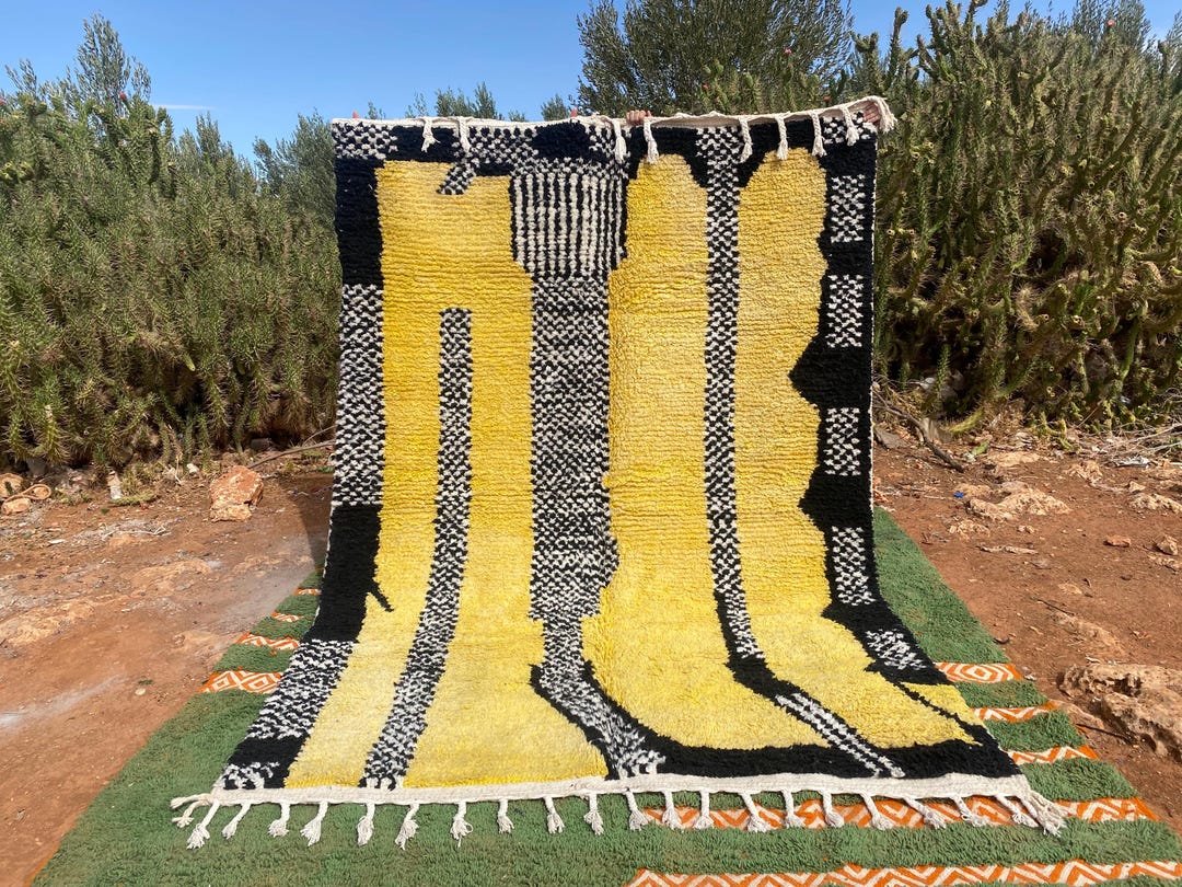 Bold Yellow and Black Moroccan Rug - Handwoven Wool Berber Rug, Modern ...
