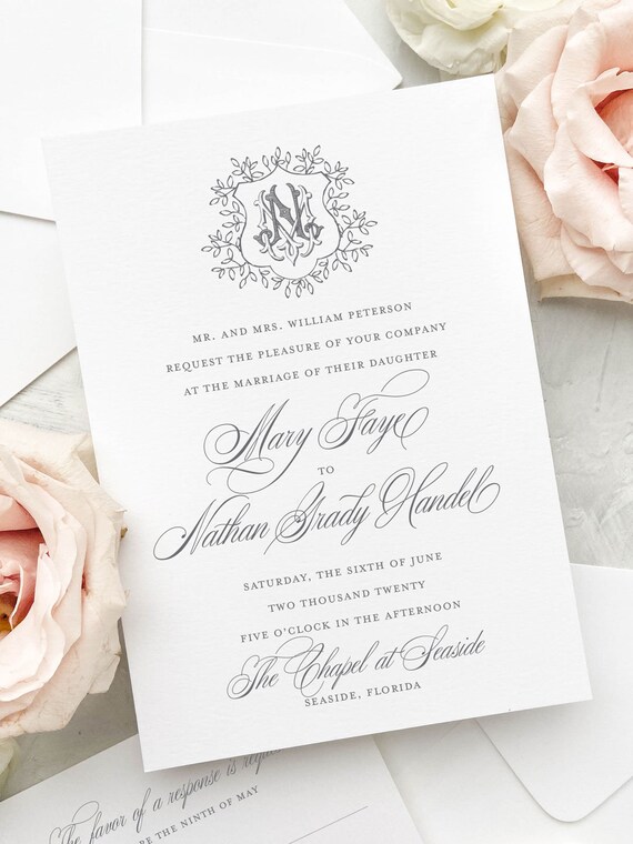 Invitations Romantic Wedding Invite Greenery Crest Wedding Invitation ...