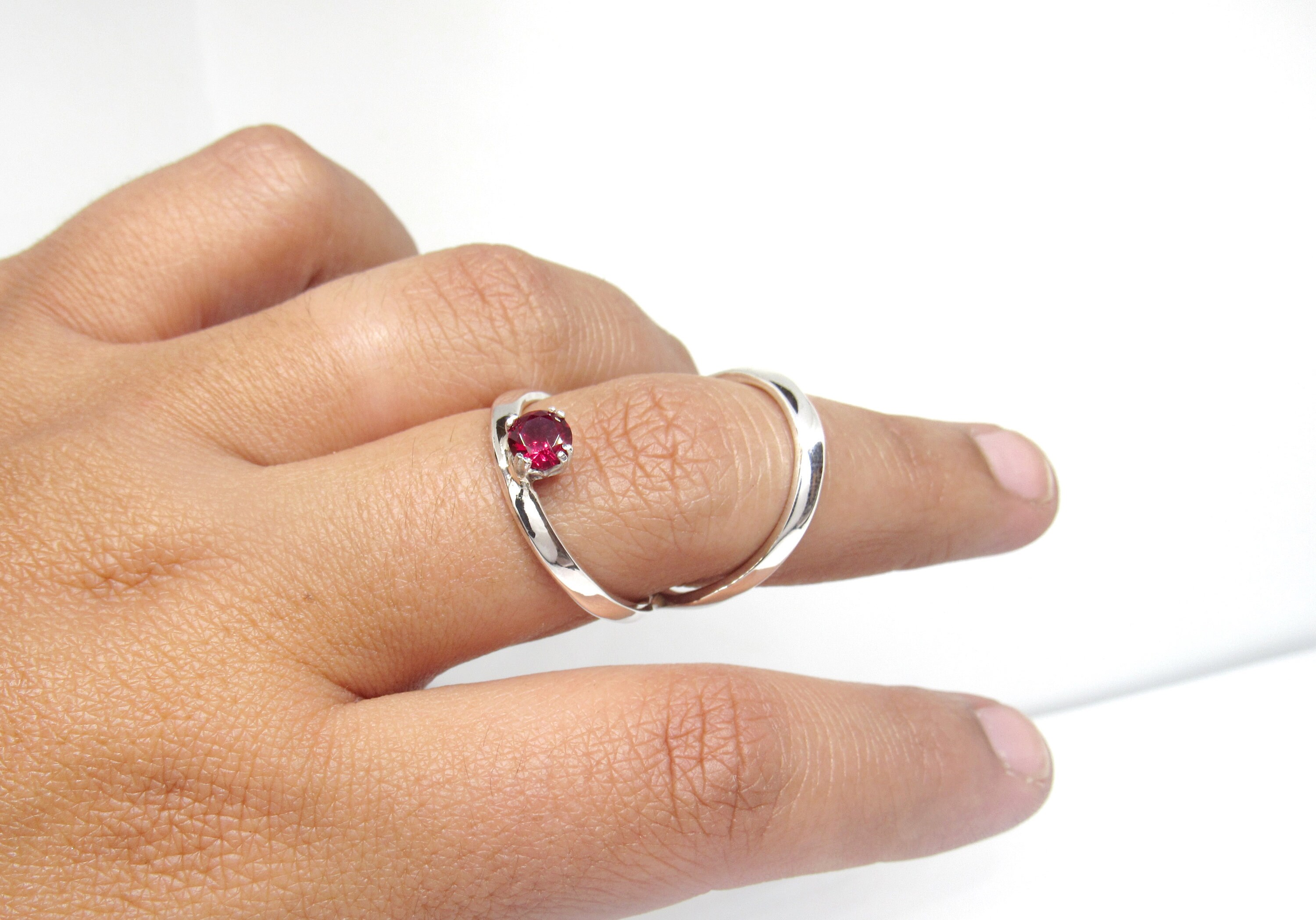 Solid Silver Ring Splint With Round Garnet Stone Sterling - Etsy