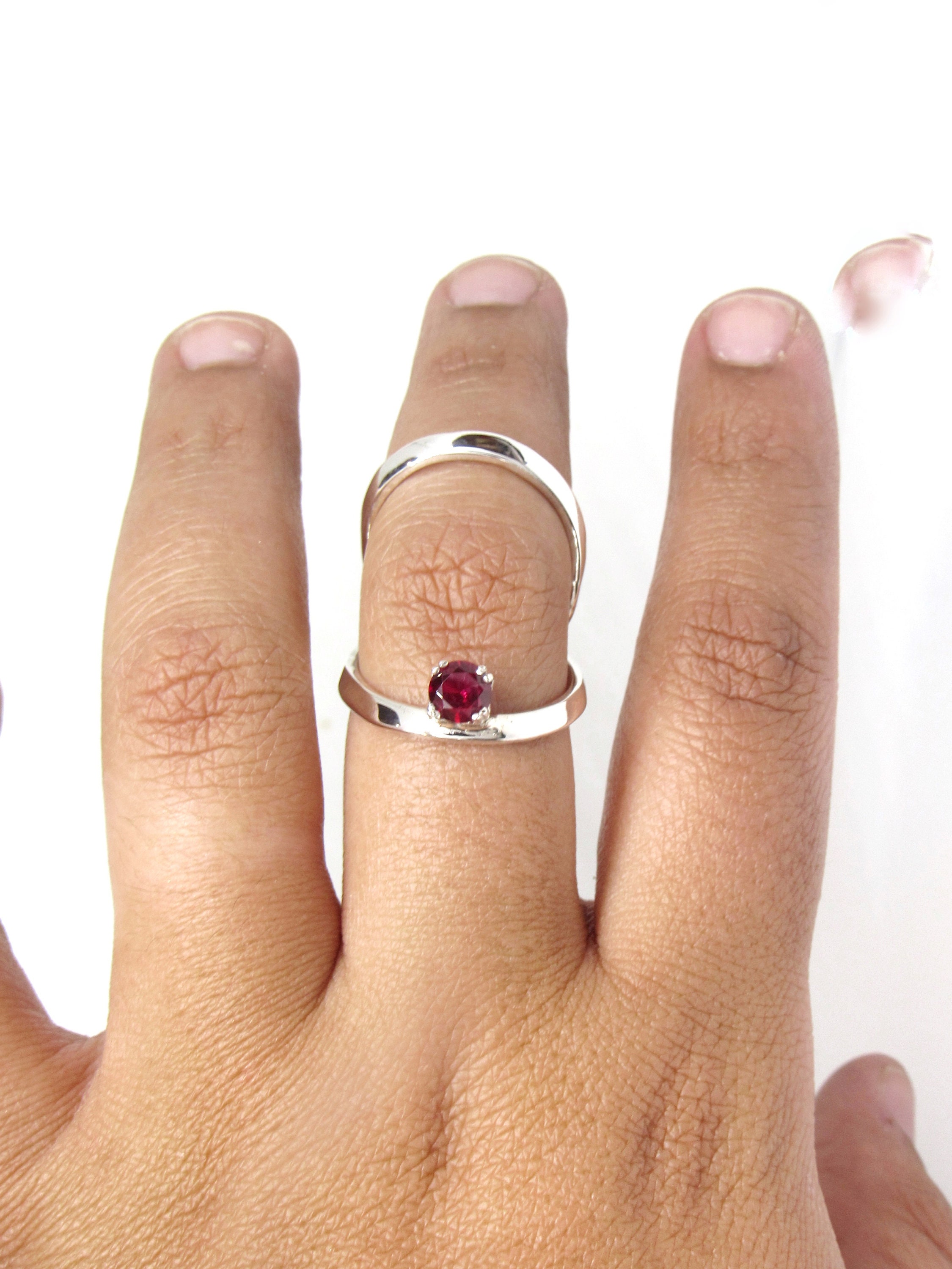 Solid Silver Ring Splint With Round Garnet Stone Sterling - Etsy