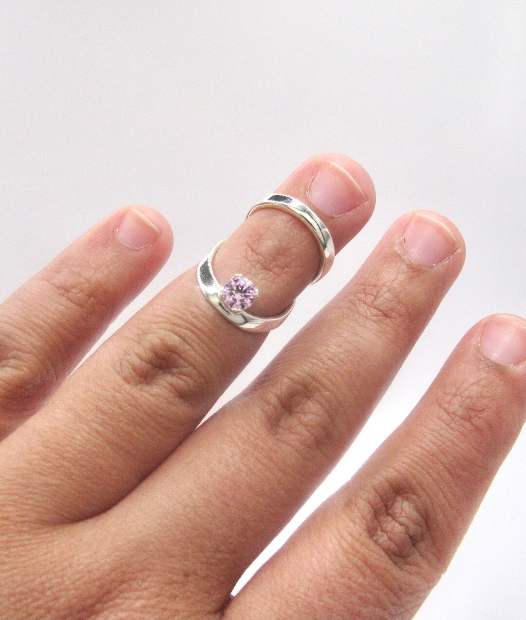 Silver Ring Splint With Round Pink Stone • Sterling Silver Swan Neck ...