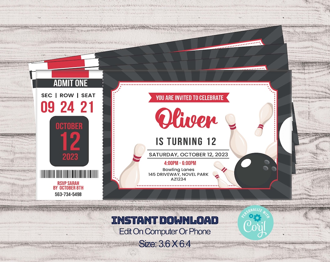 Bowling Birthday Party Invite, Bowling Ticket Invitation, Phone Invite ...