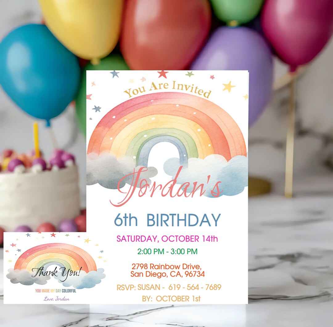 Rainbow Invite, Editable Rainbow Party Invite, 5" X 7" Invitation ...
