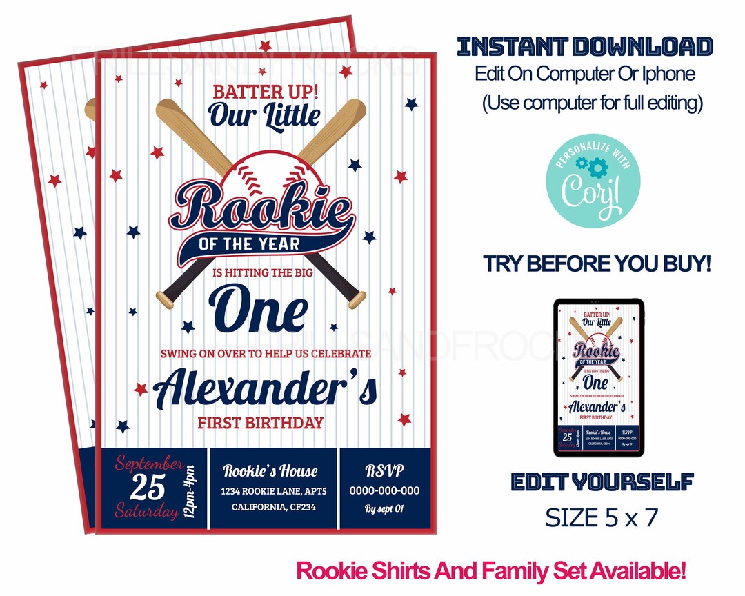Rookie of the Year Birthday Invite, Editable Invitation, 5 X 7 Baseball ...