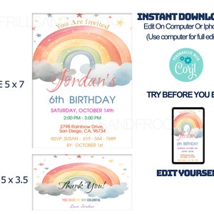 Rainbow Invite, Editable Rainbow Party Invite, 5" X 7" Invitation ...