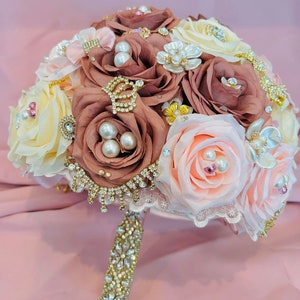 Silk Flowers Bouquet. Wedding Bouquet. Quinceañera Blush Gold Brooch ...
