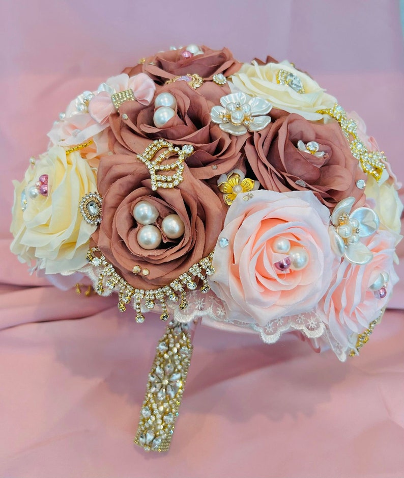 Silk Flowers Bouquet. Wedding Bouquet. Quinceañera Blush Gold Brooch ...